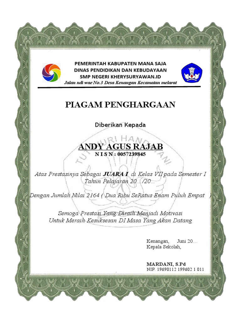 PIAGAM PENGHARGAAN JUARA KELAS | PDF