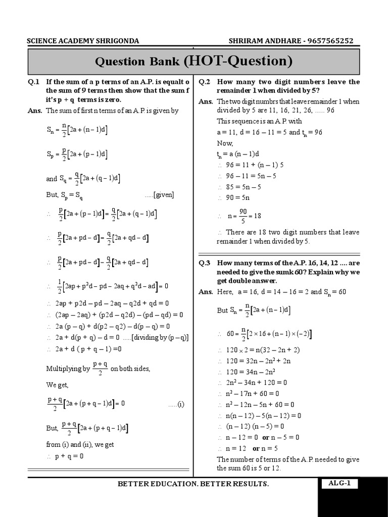 Science Academy - Class 10 - Hot Questions | PDF | Quadratic Equation ...