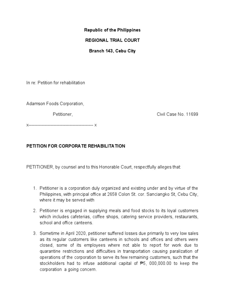 Sample Petition For Rehabilitation Plan | PDF | Debt | Cafeteria