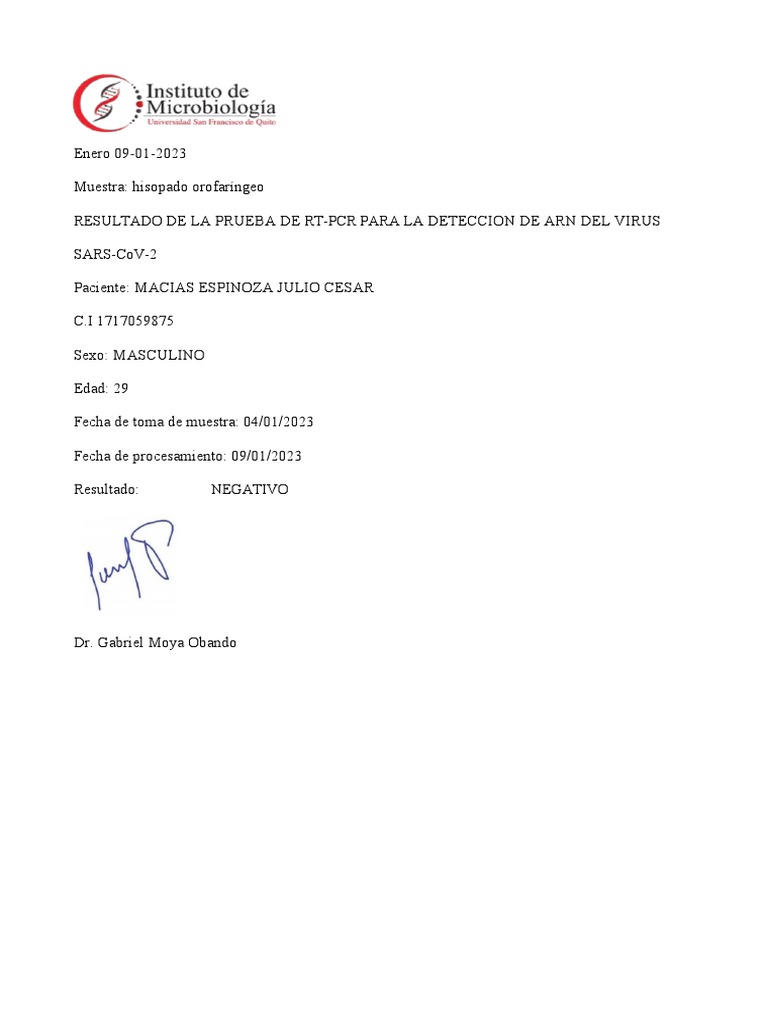 Resultado Negativo RT-PCR COVID-19 | PDF