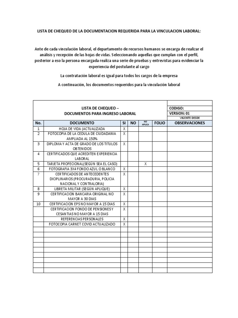 Lista de Chequeo de La Documentacion Requerida Para La Vinculacion ...