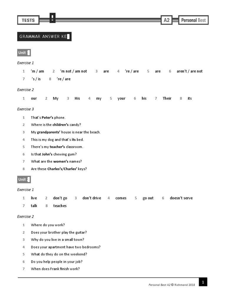 Personal Best A2 Grammar Tests Answer Key | PDF