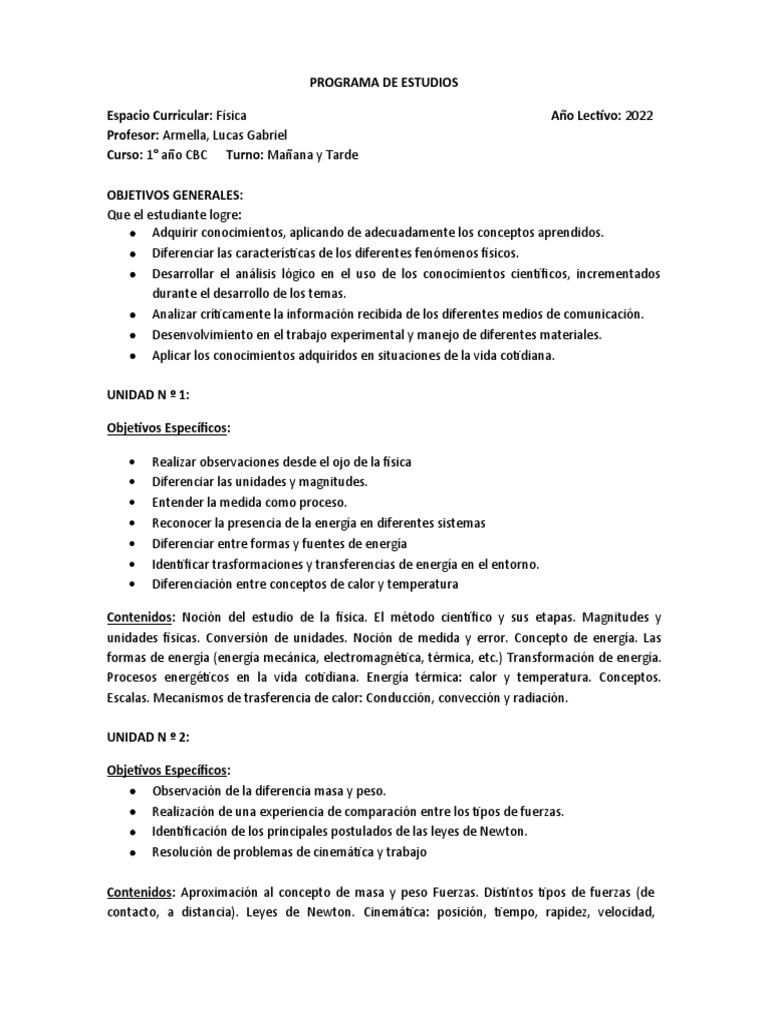 Programa de Fisica 1° Año 2021 | PDF | Física | Fuerza