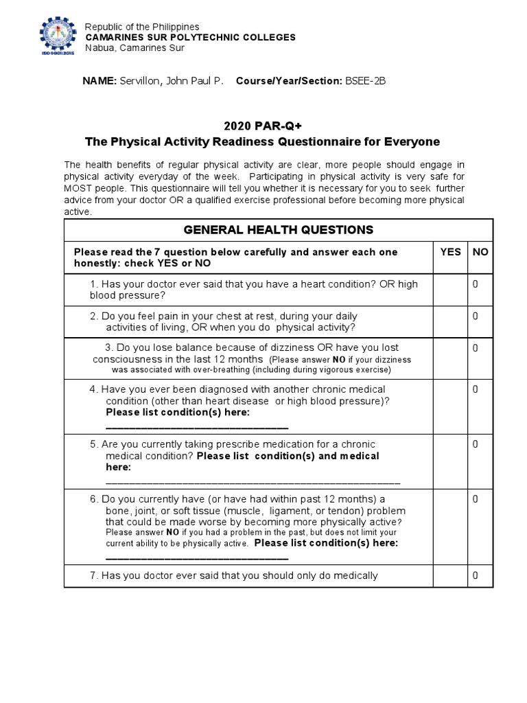 2020 Par-Q | PDF | Chronic Condition | Physician