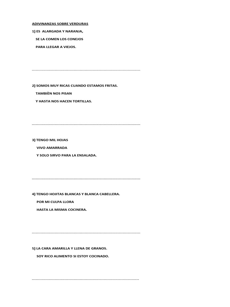 Adivinanzas Sobre Verduras | PDF