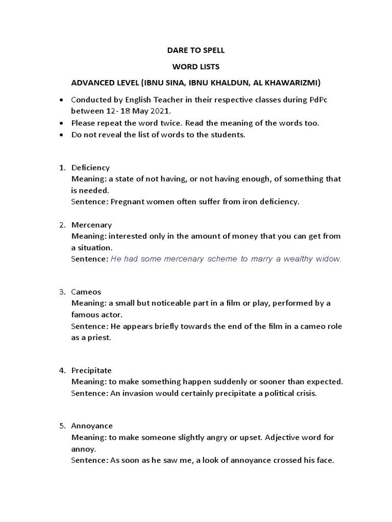 Advanced Spelling Bee Word List | PDF | Self-Improvement | Wellness