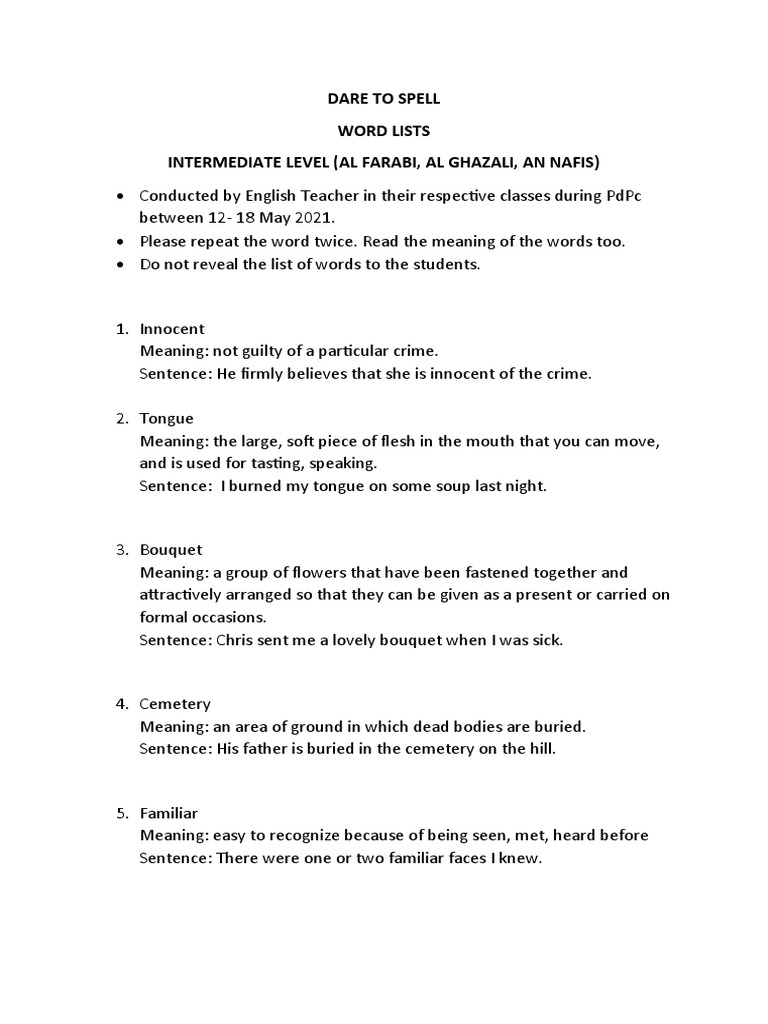 Spelling Bees Word Lists Intermediate | PDF