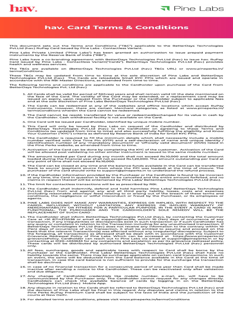 Hav Card T&C | PDF | Private Law | Payments