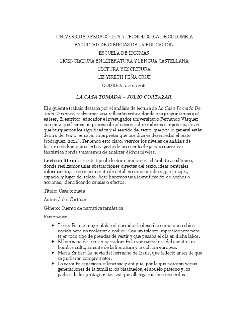 La Casa Tomada Cortzar, Niveles de Analisis | PDF | Cuentos