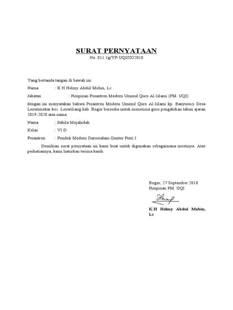 Surat Pernyataan Mengabdi | PDF