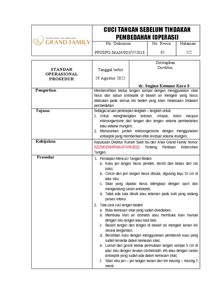 Draft - Spo Cuci Tangan Sebelum Tindakan Pembedahan (Operasi) 2022 | PDF
