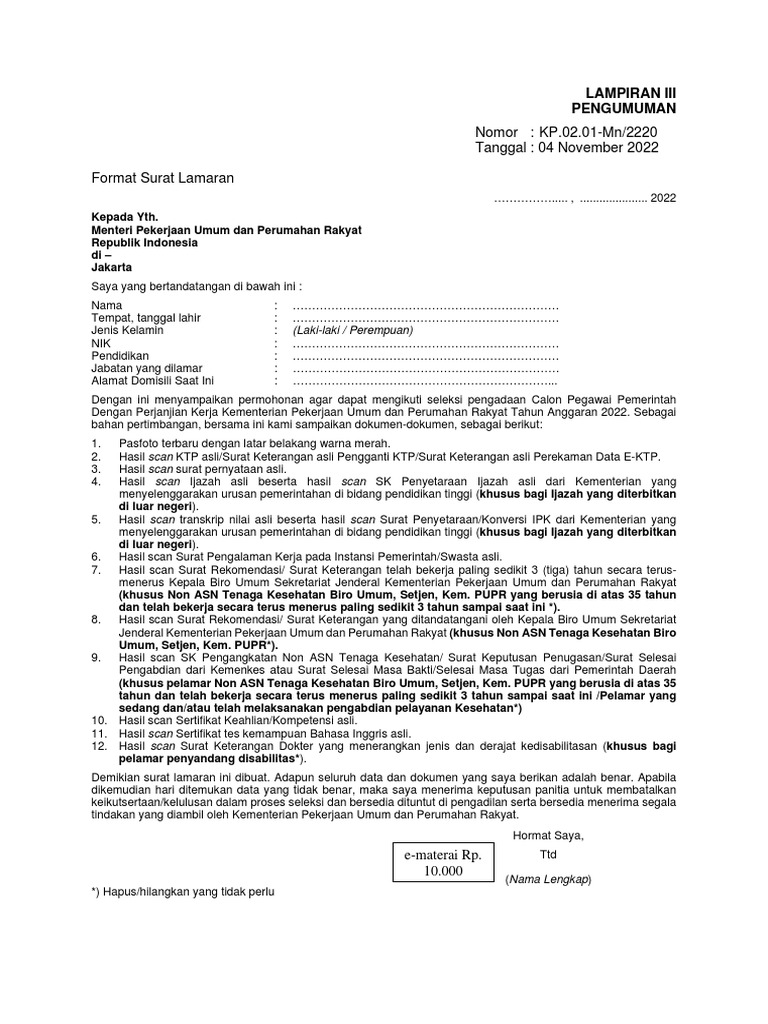 Format Atau Contoh Surat Lamaran PPPK Kementerian PUPR Tahun 2022 | PDF