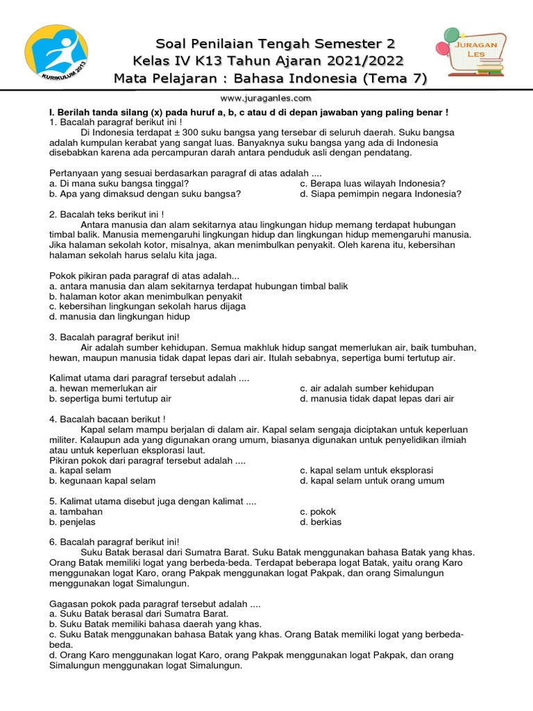 Soal Tema 7 (Bahasa Indonesia) Semester 2 Tahun 2022 | PDF