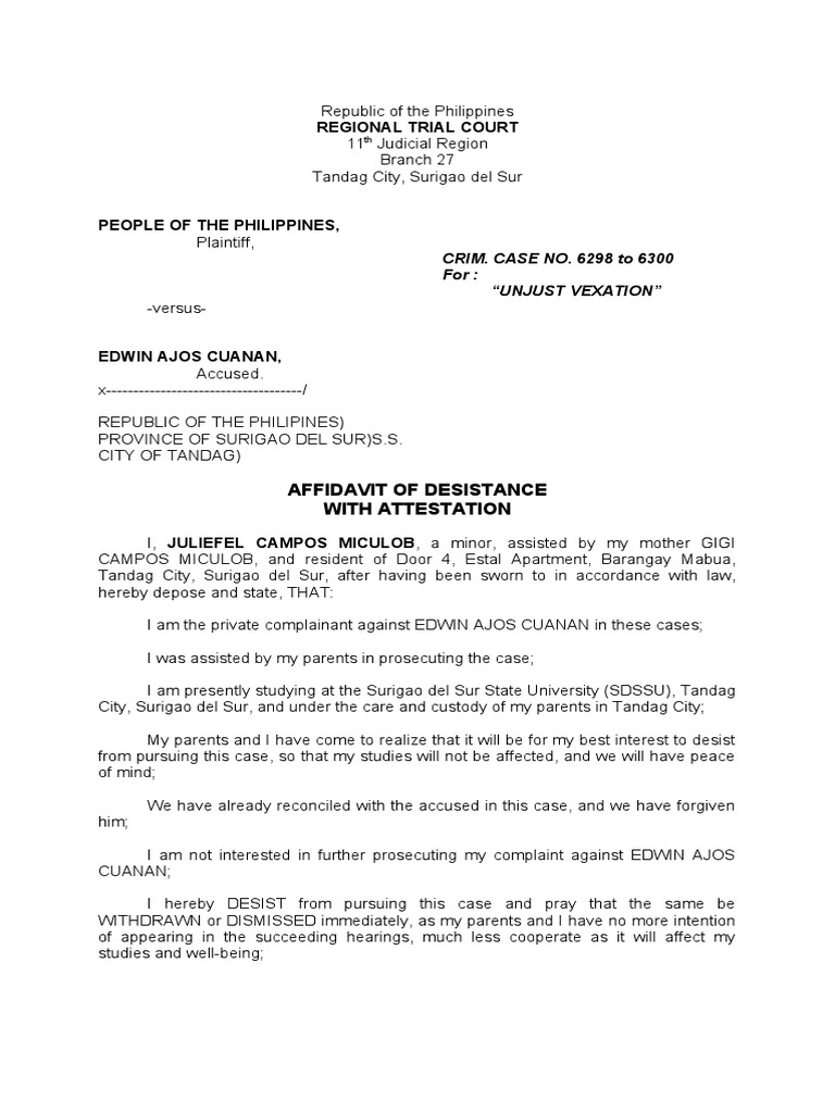 Affidavit of Desistance With Attestation - Miculob.cuanan | PDF ...