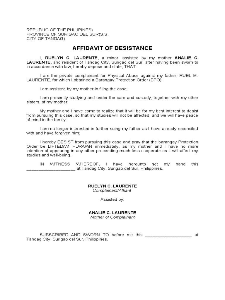 Affidavit of Desistance - Laurente | PDF