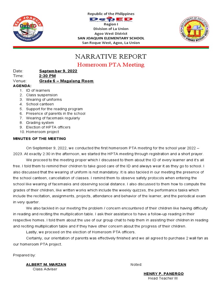 Narrative Report (HPTA Meeting) | PDF | Educational Organizations