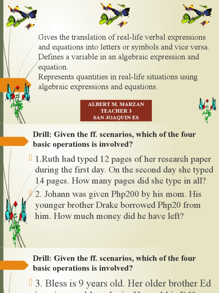 MATH 6 PPT Q3 - Translation of Real-Life Verbal Expressions and Equations Into Letters or ...