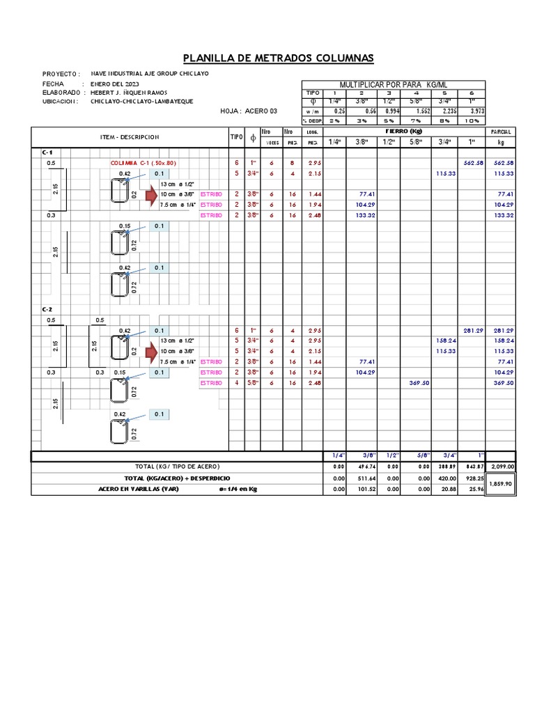 Metrado Estructuras - Acero en Columnas | PDF
