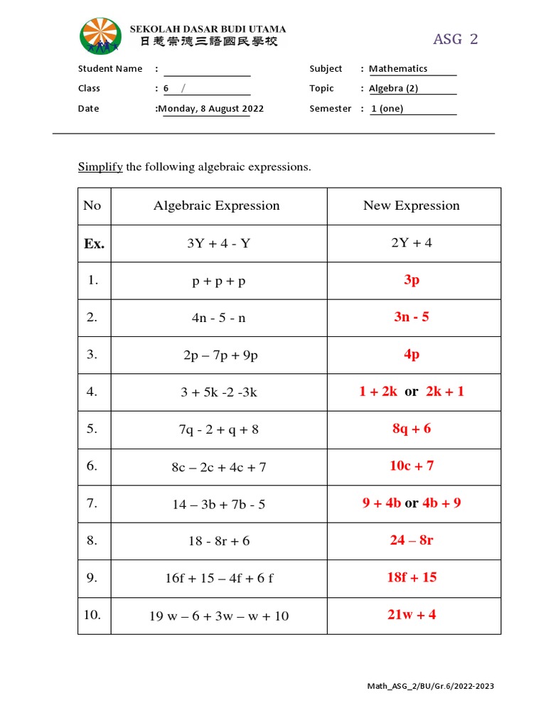 Math - gr.6 - Asg2 - t1 - 22-23 Simplifying Algebraic Expression (AK) | PDF