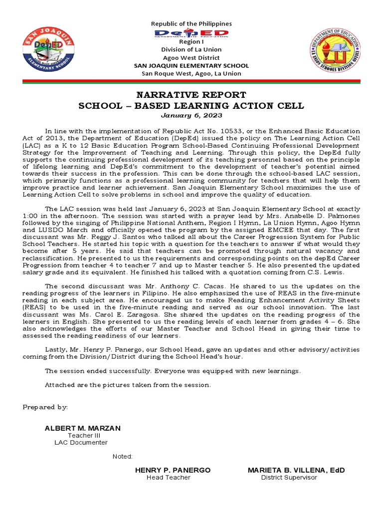 Narrative Report (1!6!23) | PDF | Teachers | Learning