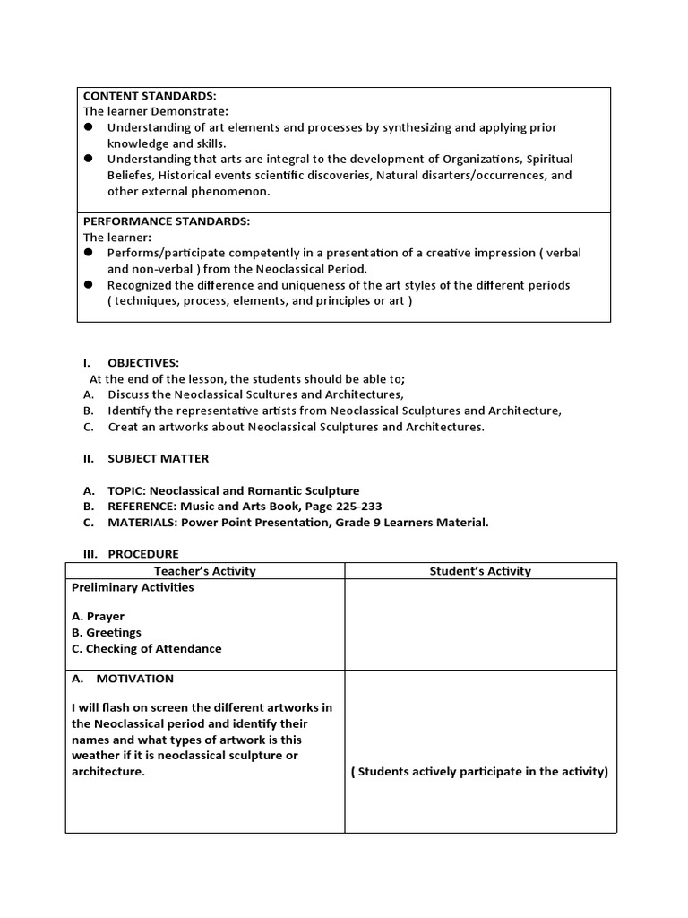 Detailed Lesson Plan in Arts 9 Neoclassical Sculpture and Architecture ...