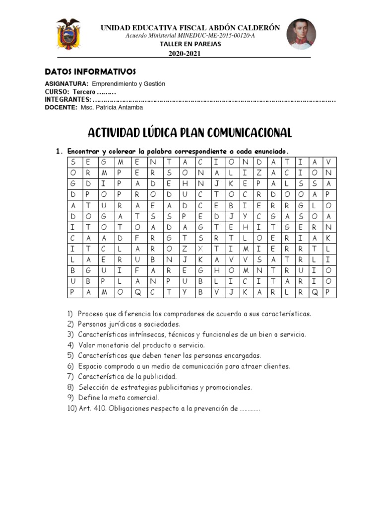 Actividad Sopa de Letras Plan Comunicacional 3a | PDF