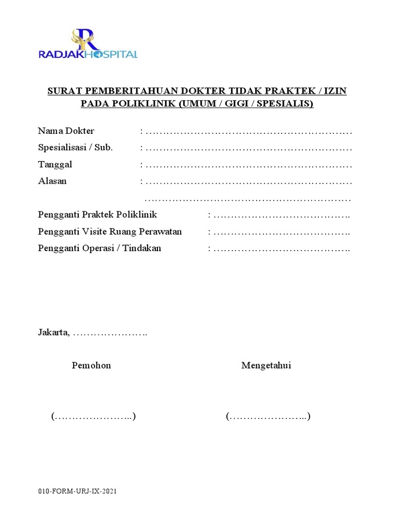 Surat Pemberitahuan Dokter Tidak Praktek Atau Izin | PDF