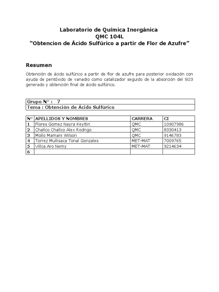 Grupo 7 - Obtencion de Acido Sulfurico-1 | PDF