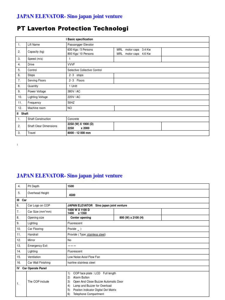 Spesifikasi Fuji Japan Elevator Spek | PDF | Elevator | Door
