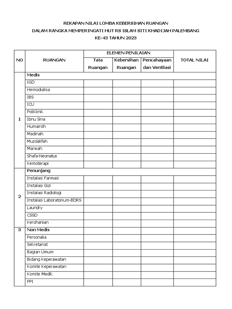 Rekapan Nilai Lomba Kebersihan Ruangan | PDF