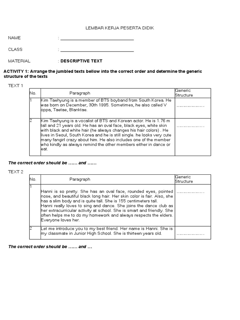 Student Worksheet: Descriptive Text | PDF