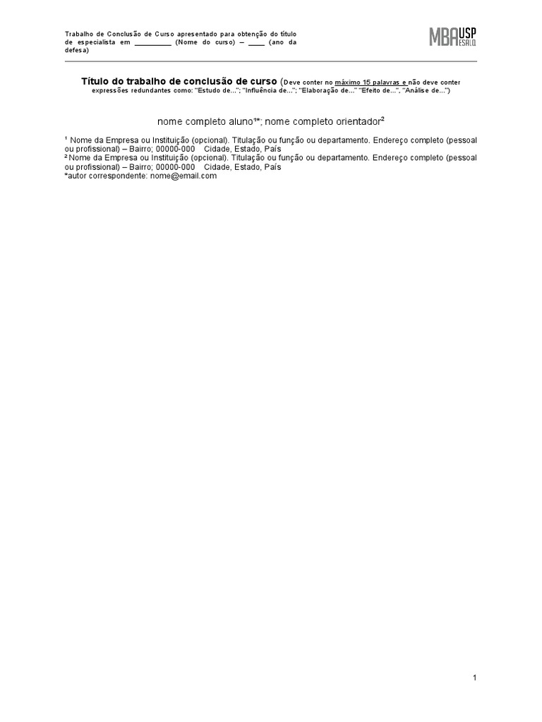 Template Tcc Mba Usp Esalq Download Grátis Pdf Abstract Resumo