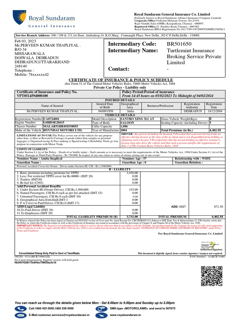 Intermediary Code: Intermediary Name:: BR501650 Turtlemint Insurance ...