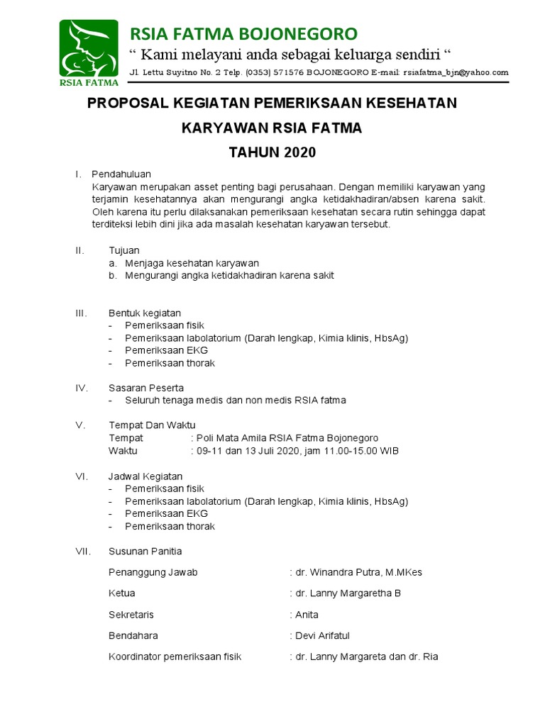 Proposal Kegiatan Pemeriksaan Kesehatan Karyawan 2020 | PDF | Kesehatan Holistik