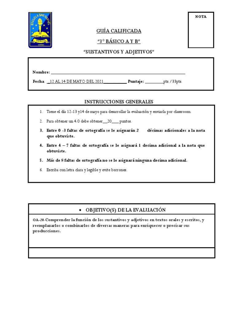 Evaluación de Sustantivos y Adjetivos | PDF