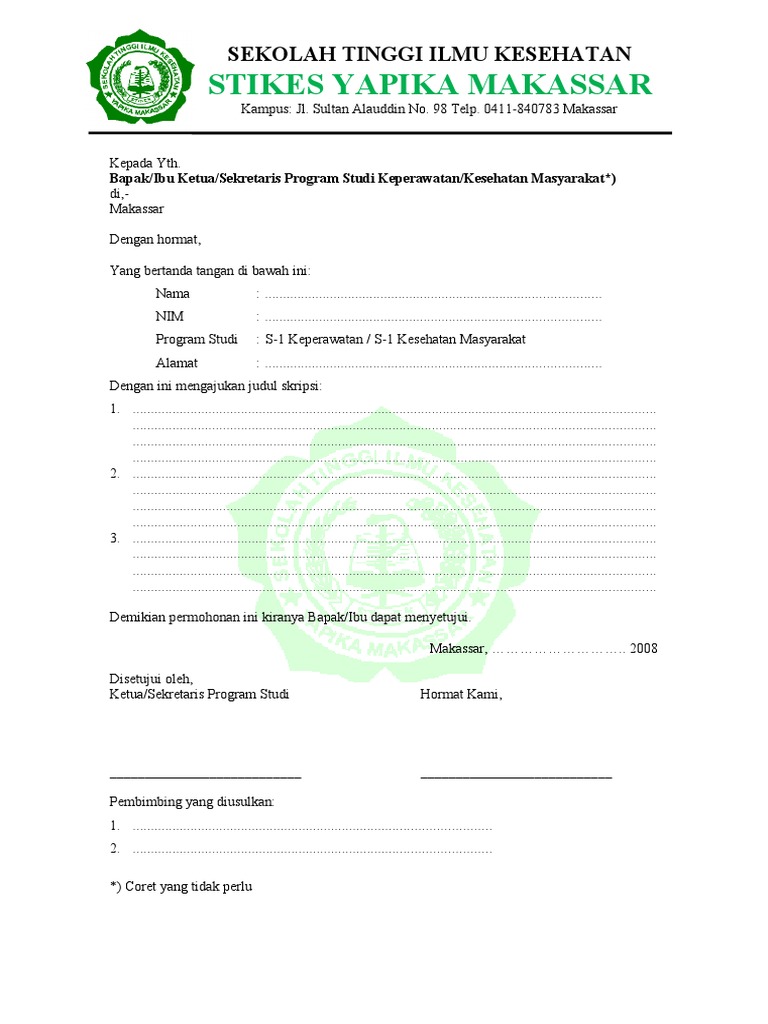 Lampiran 2. Contoh Permohonan Judul Skripsi | PDF