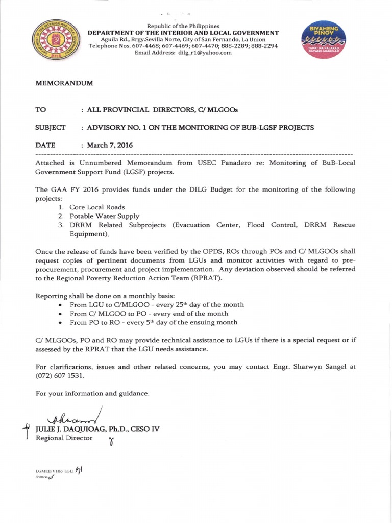 Advisory No.1 On The Monitoring of Bub-Lgsf Projects | PDF | Economies