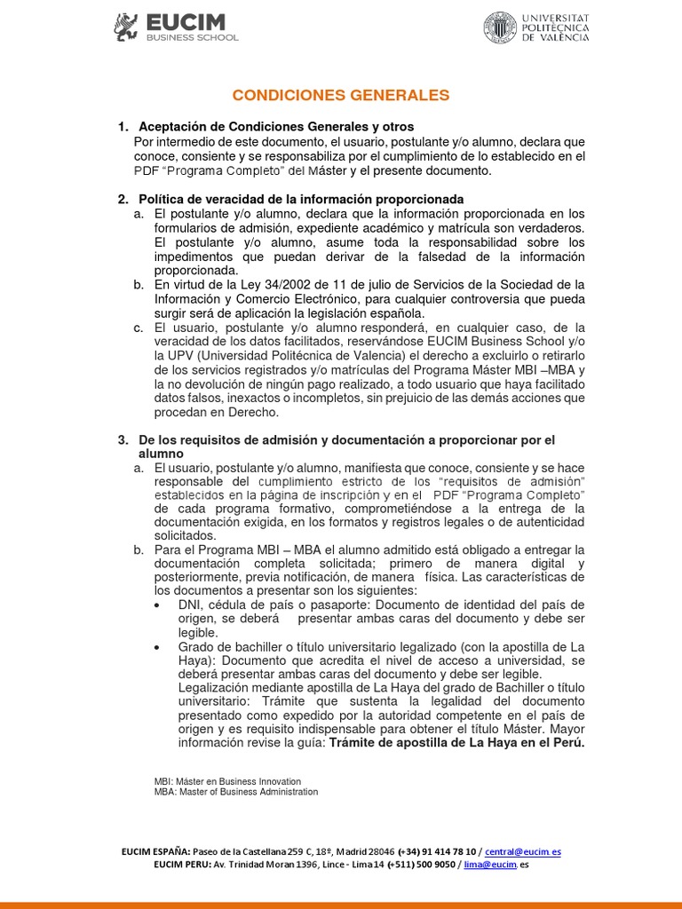 Condiciones Generales | PDF | Máster en Administración de Empresas