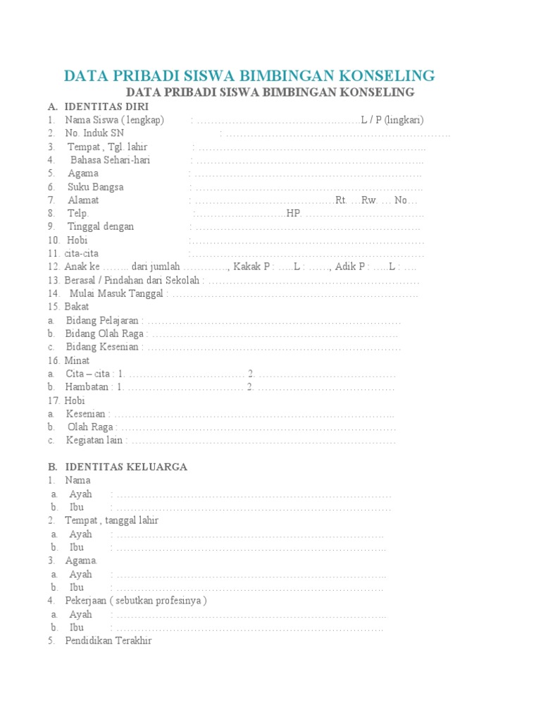 DATA PRIBADI SISWA BIMBINGAN KONSELING | PDF