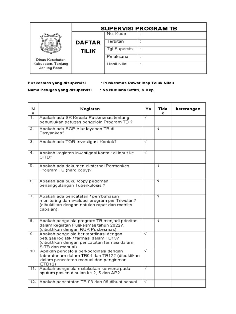 Daftar Tilik Supervisi TB | PDF