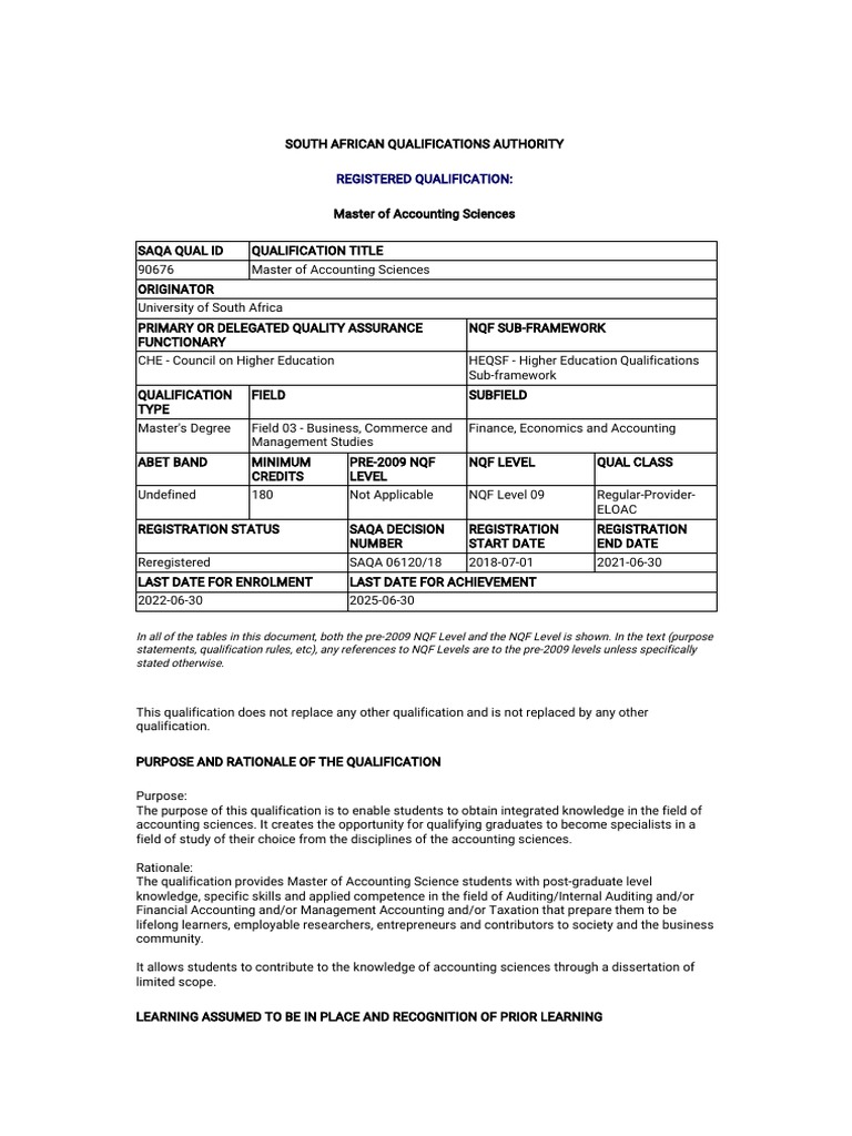 Master of Accounting Sciences Saqa | Download Free PDF | Phases Of ...
