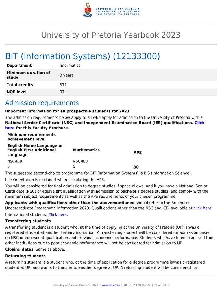 University of Pretoria Yearbook 2023: Program Requirements and Regulations for the Bachelor of ...