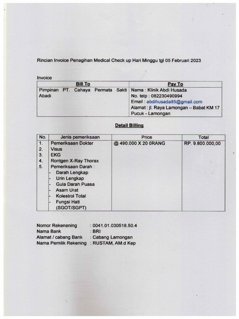 Lampiran Invoice Billing MCU PT Cahaya Permata Sakti Abadi | PDF