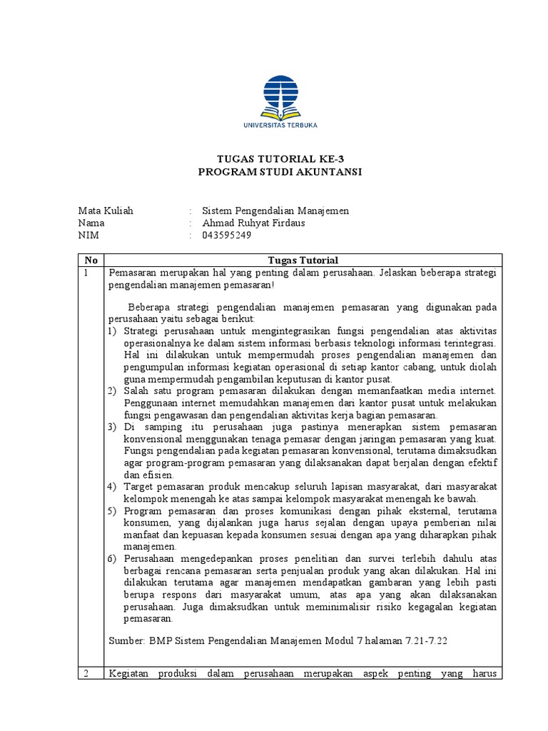 TUGAS 3 - Sistem Pengendalian Manajemen - UT | PDF