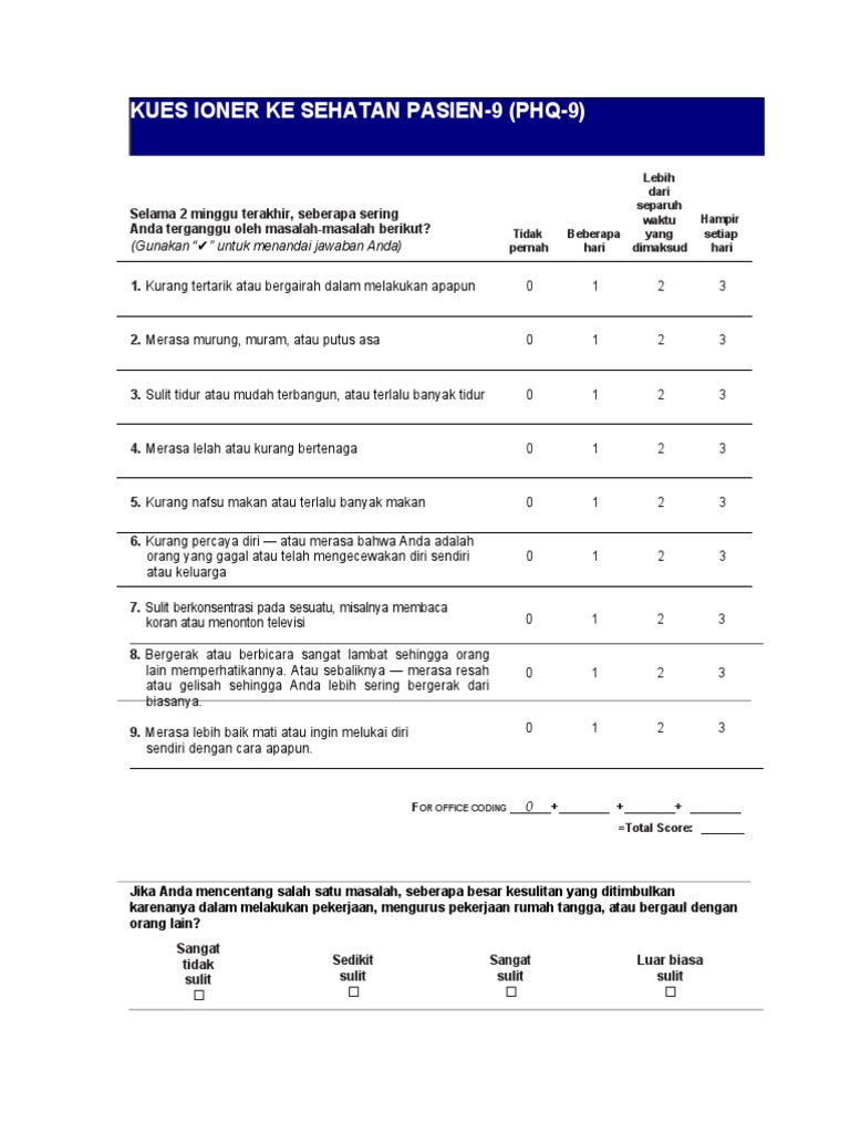 Kuesioner Skrining Dengan phq-9 | PDF