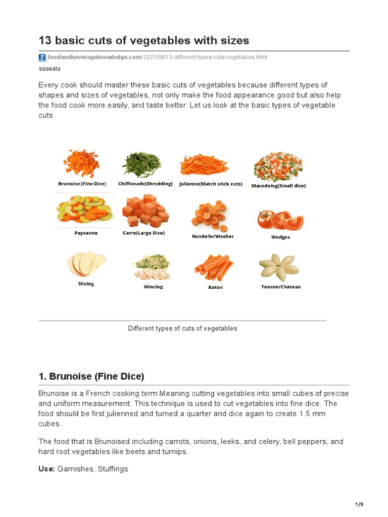 13 Basic Cuts of Vegetables With Sizes | PDF | Salad | Foods