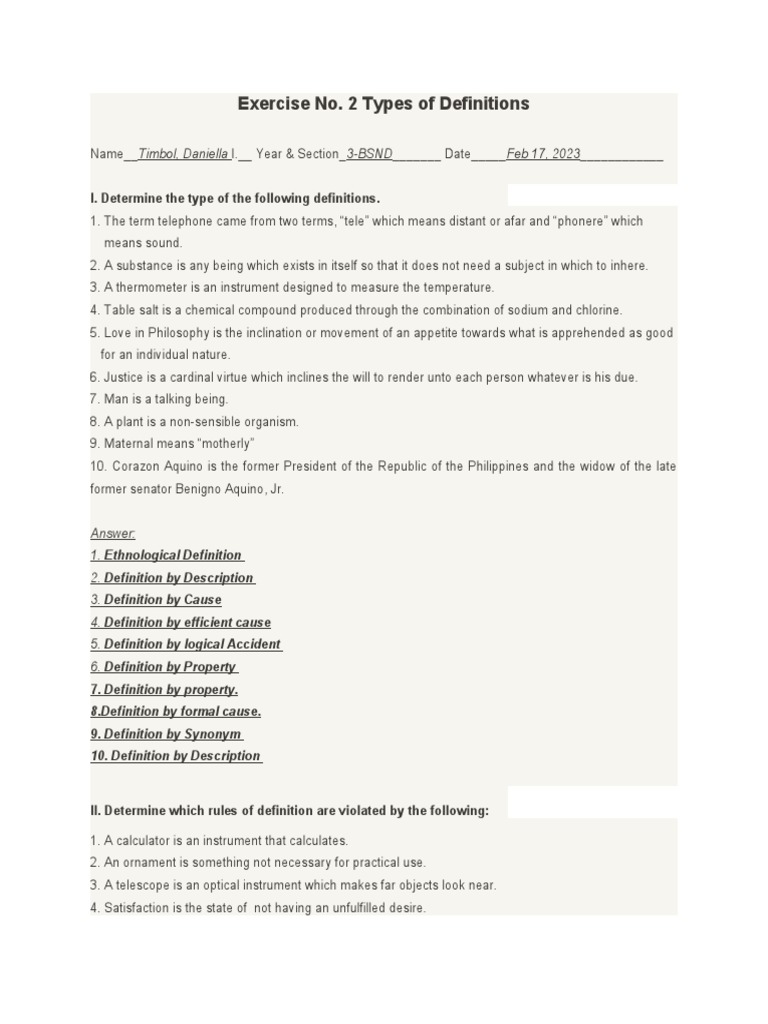 LOG101 Exercise No. 2 - Types of Definitions 20230217091032 | PDF ...