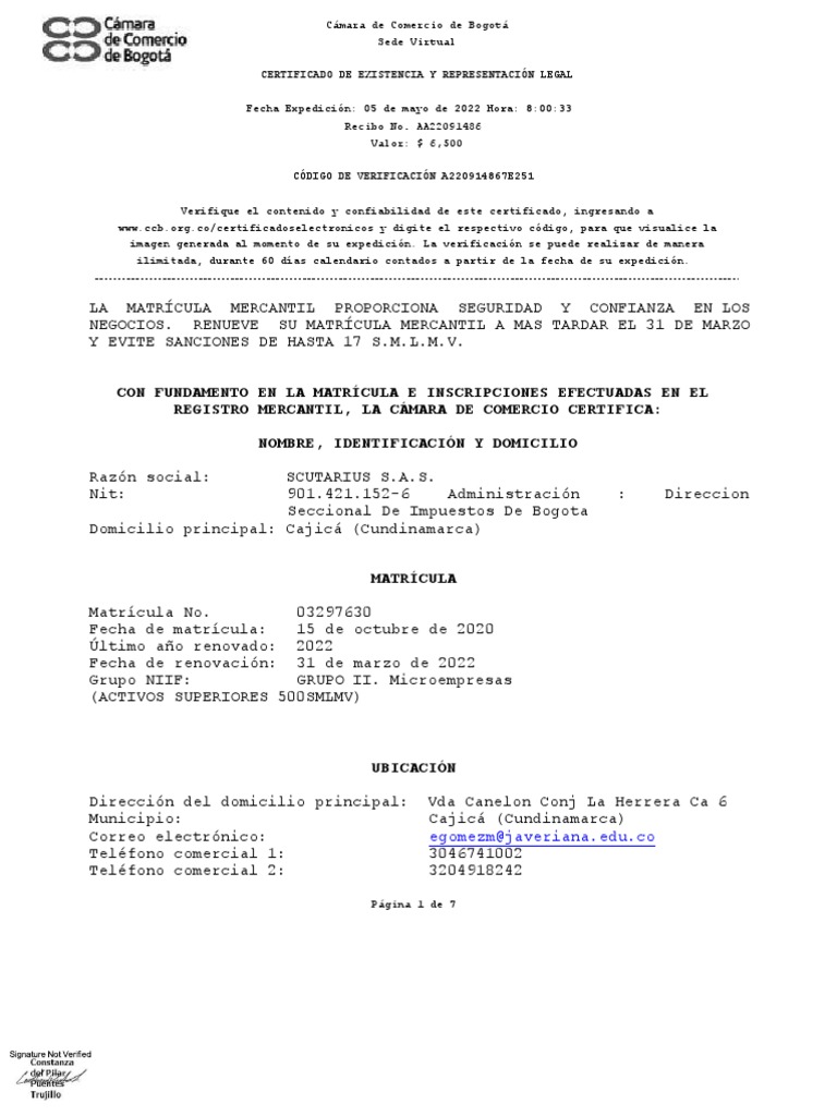 Certificado de Existencia Legal SCUTARIUS S.A.S. | PDF | Sociedad ...