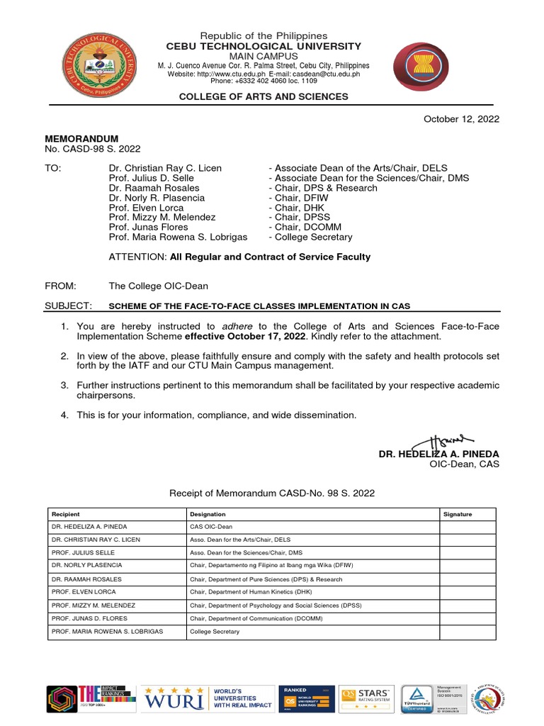 Cas Memo No.98 s.2022 Scheme of The Face To Face Classes Implementation ...
