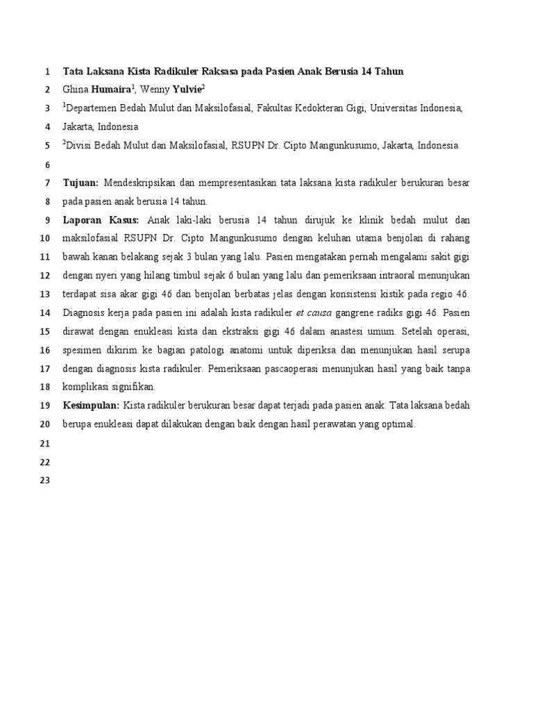 Tata Laksana Kista Radikuler Raksasa Pada Pasien Anak Berusia 14 Tahun ...